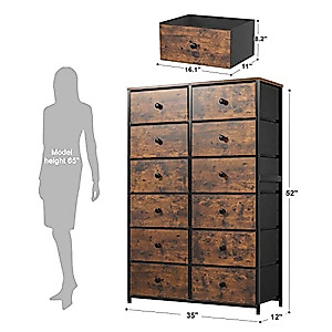 EnHomee Dresser for Bedroom, Tall Dressers for Bedroom with12 Drawers Dressers & Chest of Drawes Fabric Drawers for Clothes, Closet, 11.9" D x 34.7" W x 52.4" H Rustic Brown