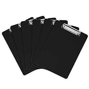 Black Plastic clipboards (Set of 6) Multipack - 12.5x9 Inch Black Clipboard with 100 Sheets Holding Capacity Low Profile Clip | Colored Acrylic Clip Boards in Bulk for Kids & Professionals