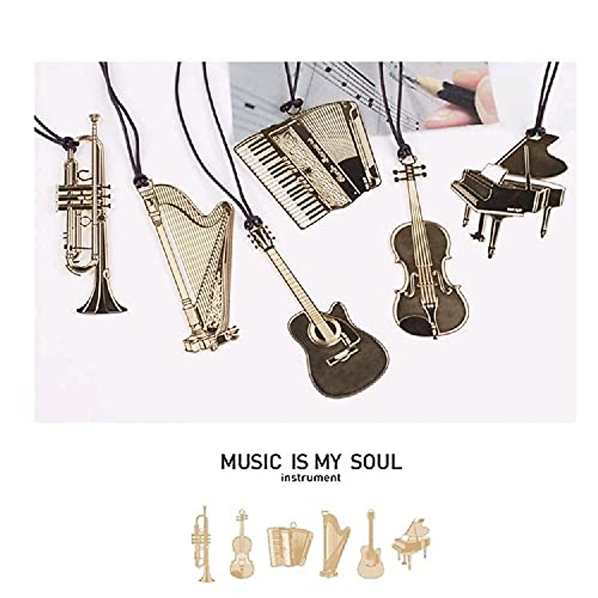 6 Pcs Musical Instrument Bookmark Metal Plated Creative Bookmark Literary Music Bookmark with Lanyard for Opening Ceremony Birthday Celebration Gift