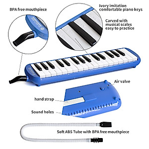MUSICUBE Melodica for Kids 32 Keys Melodica Instrument Air Piano Keyboard with 1 Long Tube, 1 Short Mouthpiece for Beginners Students, Musical Gift for Boys & Girls (Blue)