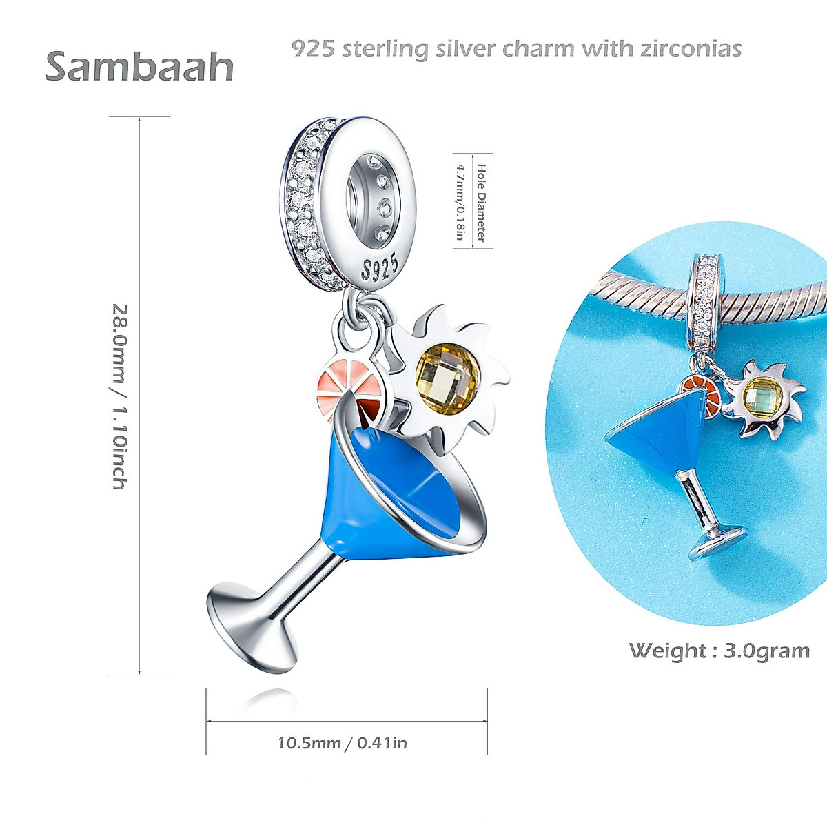 Sterling Silver Cocktail Drink Charm, Martini Glass Charm Summer Beach Theme, Fruit Lemon Dangle Charm with Cubic Zirconia for Women Pandora Style Bracelets