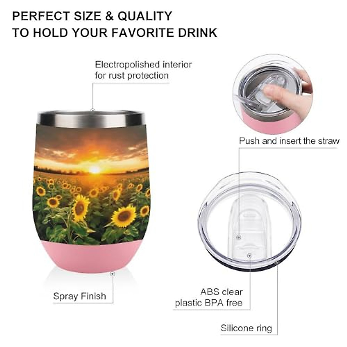 WYUSPGK 304 Stainless Steel Insulated Cup, Sunflower Field Sunset Print Smooth Rim, Durable & Reusable - Perfect for Office, Home, And Travel