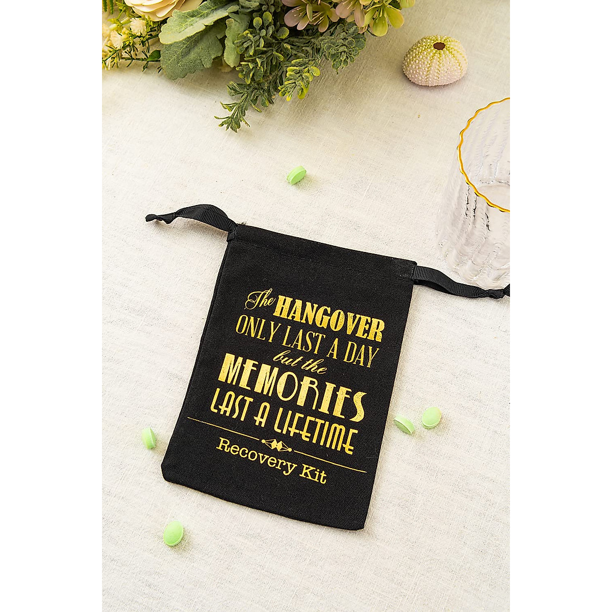 MEJOY 10 Pcs Bridal Shower Party Gift Bags, Black 5x7 Inch GOLD Foil "HANGOVERS", Bachelorette Hangover Kit Bags, Cotton Recovery Kit Bags Muslin Drawstring Bag for Bridal Shower Wedding Party Gift Decoration