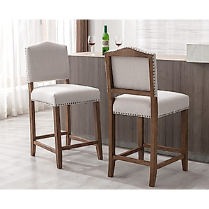 EALSON Farmhouse Bar Stools Set of 2 Bar Height Kitchen Barstools with Back Mid Century Modern Wooden Bar Chairs Linen Upholstered High Counter Stools for Home Bar/Island/Pub, 30 Inch Beige