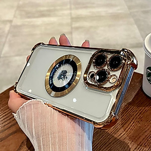 LOOBIVAL Magnetic for iPhone 13 Pro Max Case Compatible with MagSafe, [Military Grade Protection] Logo View Slim Transparent Clear Electroplate Bumper Cover Case for iPhone 13 Pro Max 6.7” (gold)