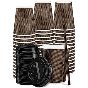 Comfy Package [12 oz. - 50 Sets Insulated Brown Patterned Ripple Paper Hot Coffee Cups With Lids (Lids Color May Vary) - Ideal for Hot Beverages, Travel, and Office Use