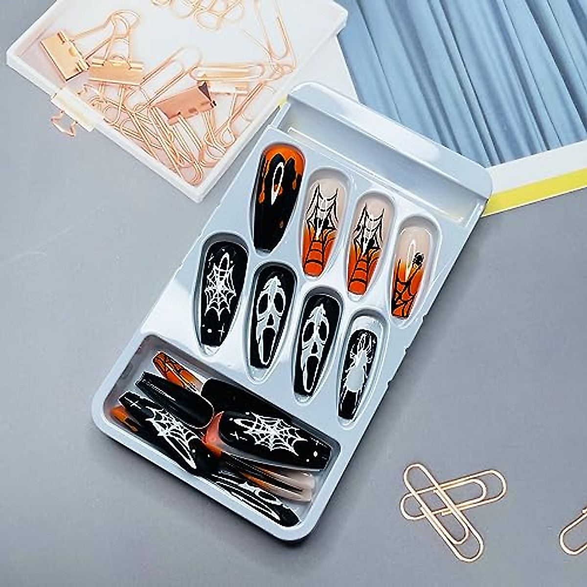Halloween Fake Nails- 24Pcs Halloween Press on Nails Long Coffin False Nails Square Glue on Nails Gothic Ghost Spider Web Full Cover Halloween False Nails for Women Girls Acrylic Nails Decoration