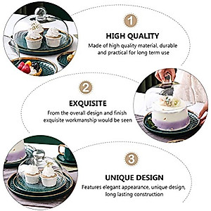 YARNOW Ceramic Tray with Dome Glass Dessert Cover Rustic Cake Stand Desert Platter Ceramic Serving Tray Cheese Cloche Dome for Desserts Fruits Snack Candy (6 Inch)