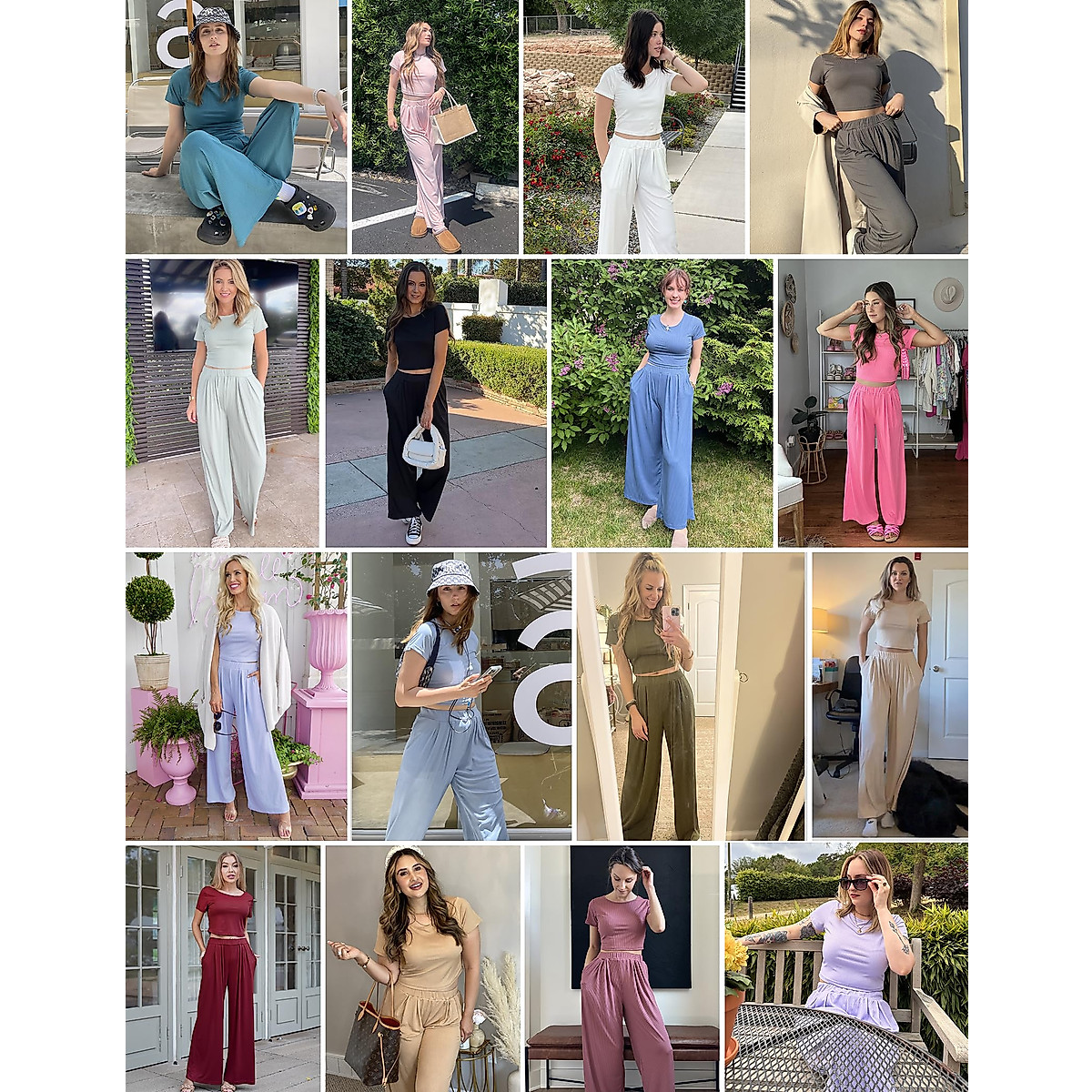 Ekouaer Women's 2 Piece Lounge Sets Short Sleeve Pajama Set Ribbed Knit Crop Top Wide Leg Pants Loungewear,Light Pink,L