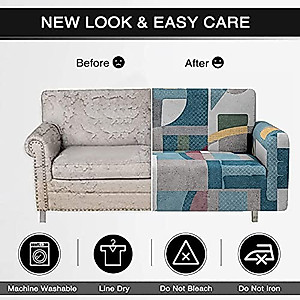 HOSIMA Geometric Irregularity Sofa Covers for 4 Cushion Couch,Blue and Grey X-Large Couch Slipcover,Printed Stretch Washable X-Large Slipcover Furniture Protector for Living Room,X-Large(93-118 inch)