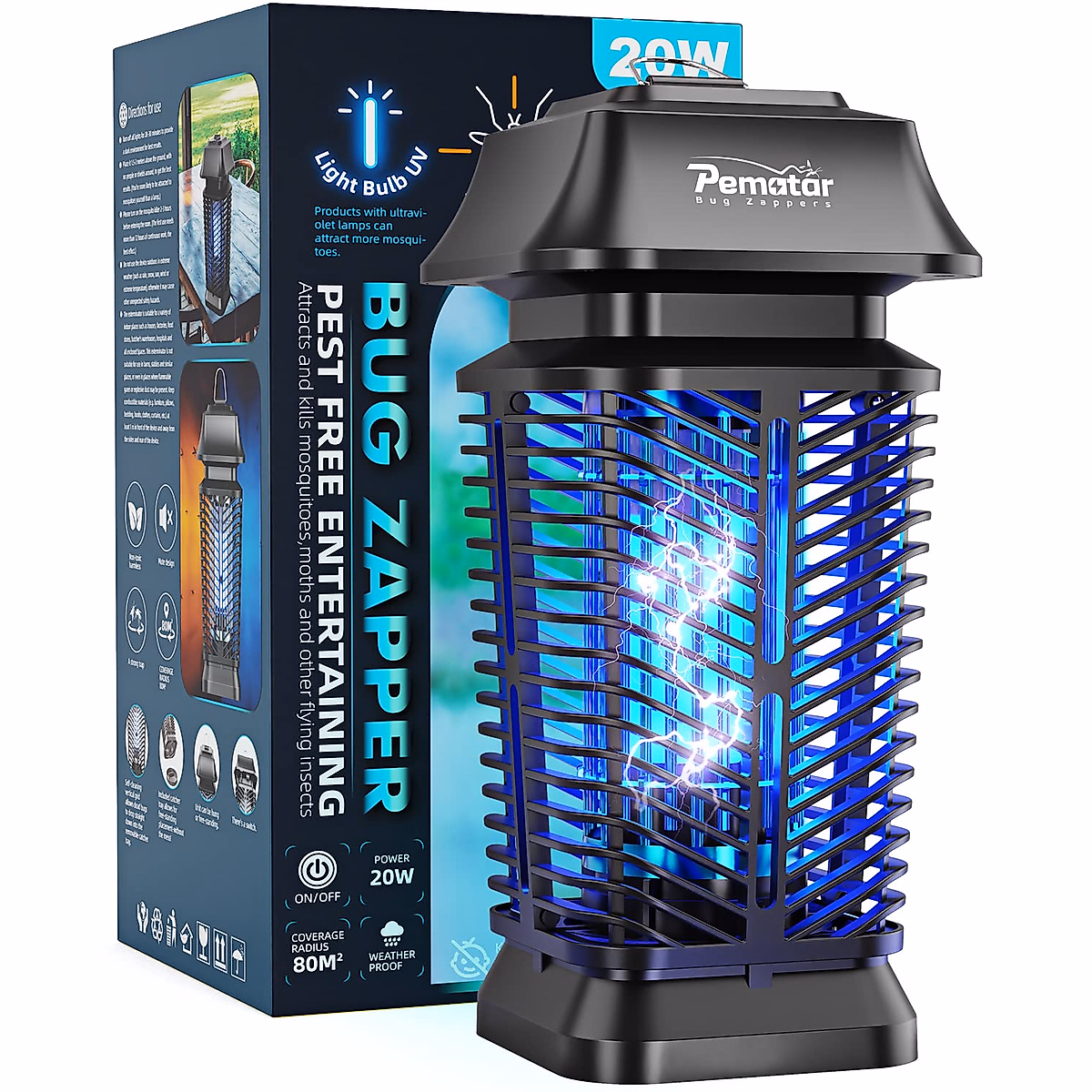 Bug Zapper Outdoor, Electric Mosquito Zapper Indoor, 20W/4200V, IPX4 Waterproof, Fly Zapper, Fly Traps, Plug-in Mosquito z Lamp for Home, Patio, Garden, Camp (Black)