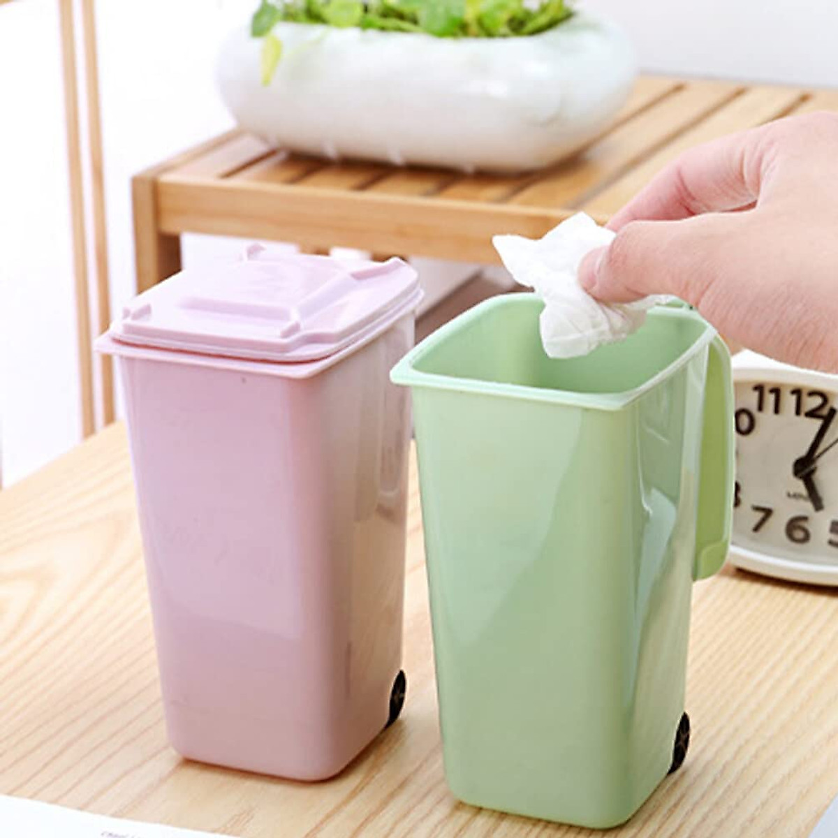 Tofficu Small Waste Basket 2pcs Mini Curbside Garbage Trash Bin with Wheels Lid Pen Holder Tiny Recycle Can Pencil Cup Desktop Organizer for Bedroom Office Desktop Car Green Pink