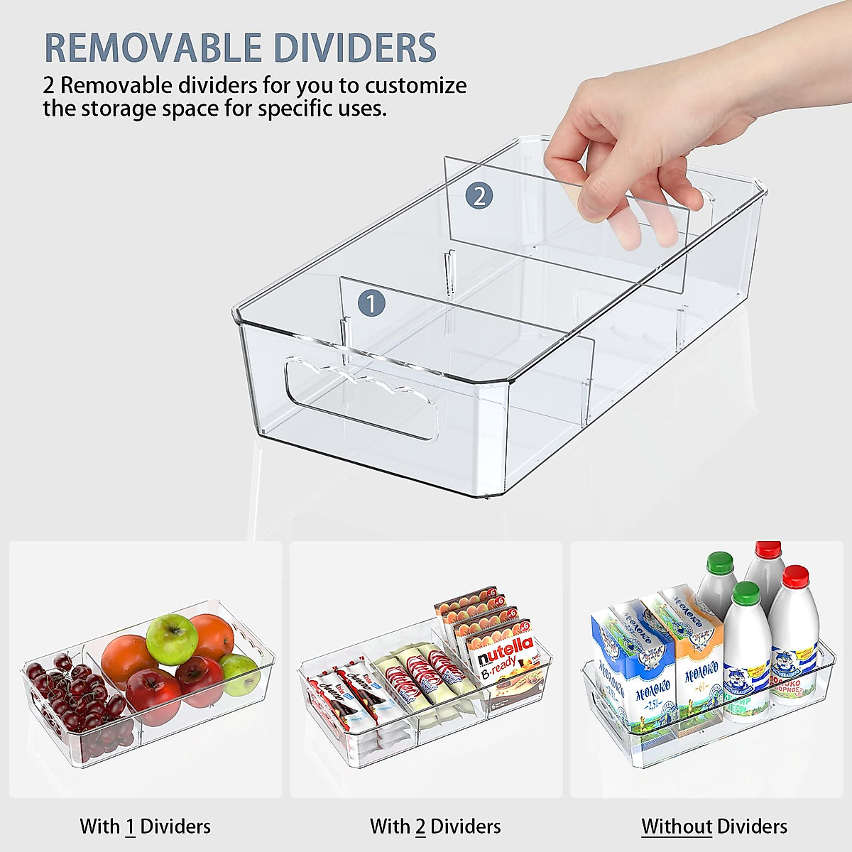 Clear Plastic Food Storage Organizer Bins,8 Pack Pantry Organizations and Storage Bins with Removable Dividers, Stackable Refrigerator Organizer Bins Fridge Organizers Kitchen Cabinet Organizers