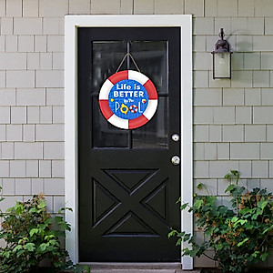 Life is Better by The Pool Sign, Pool Wooden Hanging Art Sign, Outdoor Summer Sign for Garden Backyard Patio Decor, Indoor/Outdoor Novelty Pool Decor 12 x 12 Inch