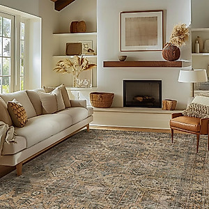 Bavni Area Rug 8x10 Machine Washable Vintage Distressed Print Ultra-Thin Chenille Bedroom Living Room Accent Rug, Low Pile Lightweight Non Slip with Gripper, Sage/Charcoal