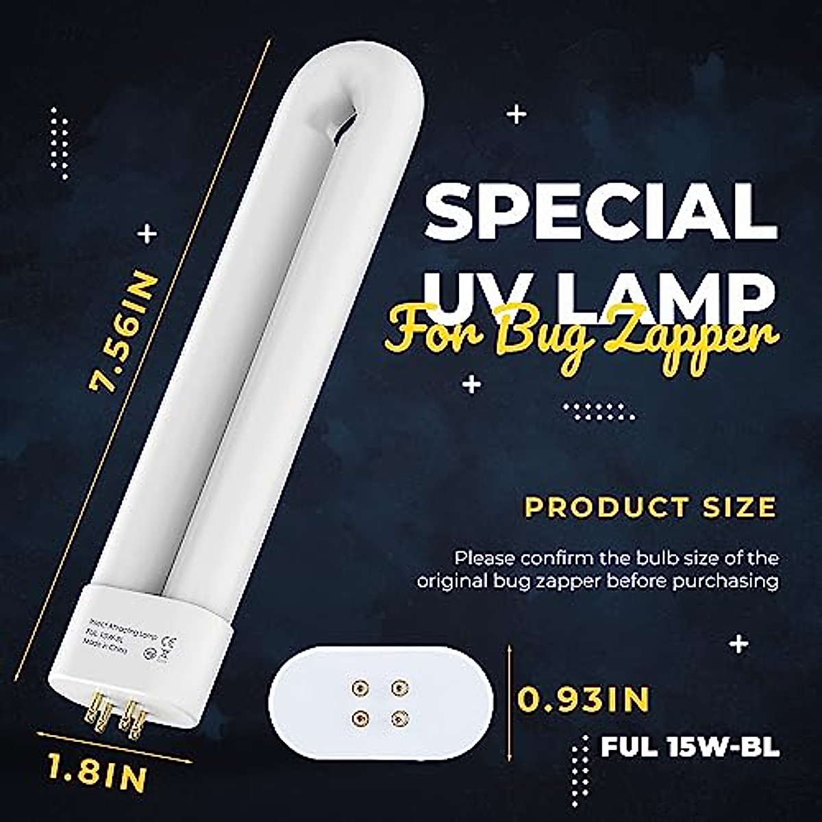 Bug Zapper Replacement Bulb, U-Shaped 15W Four-pin, FUL15W-BL. Dimensions: 7.56 x 1.80 x 0.93 inches
