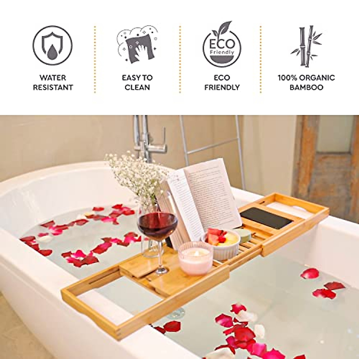 Bambüsi Premium Bathtub Tray Caddy and Bamboo Shower Floor Mat