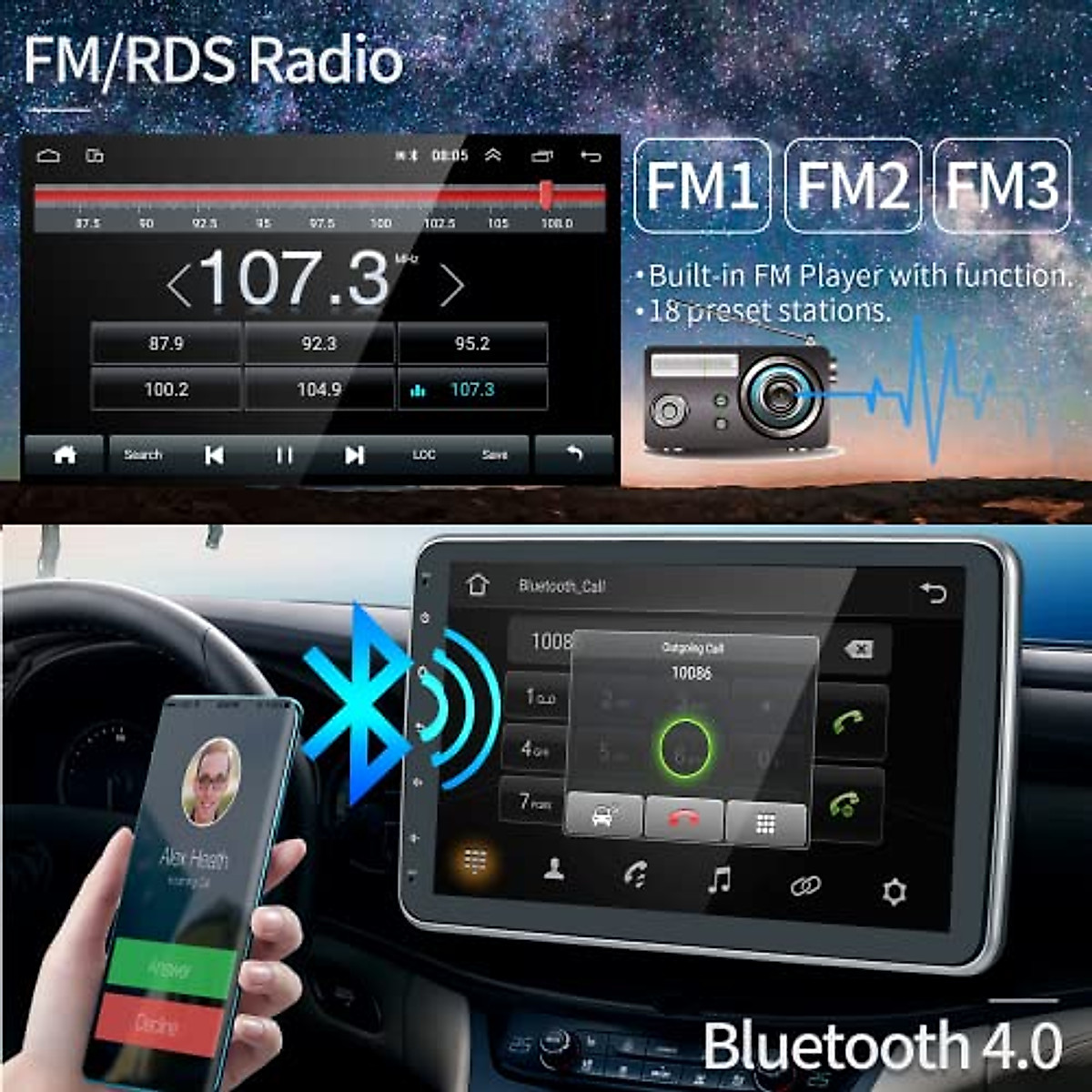 podofo Android Single Din Car Stereo 10 Inch HD Capacitive Vertical Rotatable Touch Screen In Dash GPS Head Unit with Bluetooth and Backup Camera,Car Audio Receivers Support Wifi Subwoofer Mirror Link