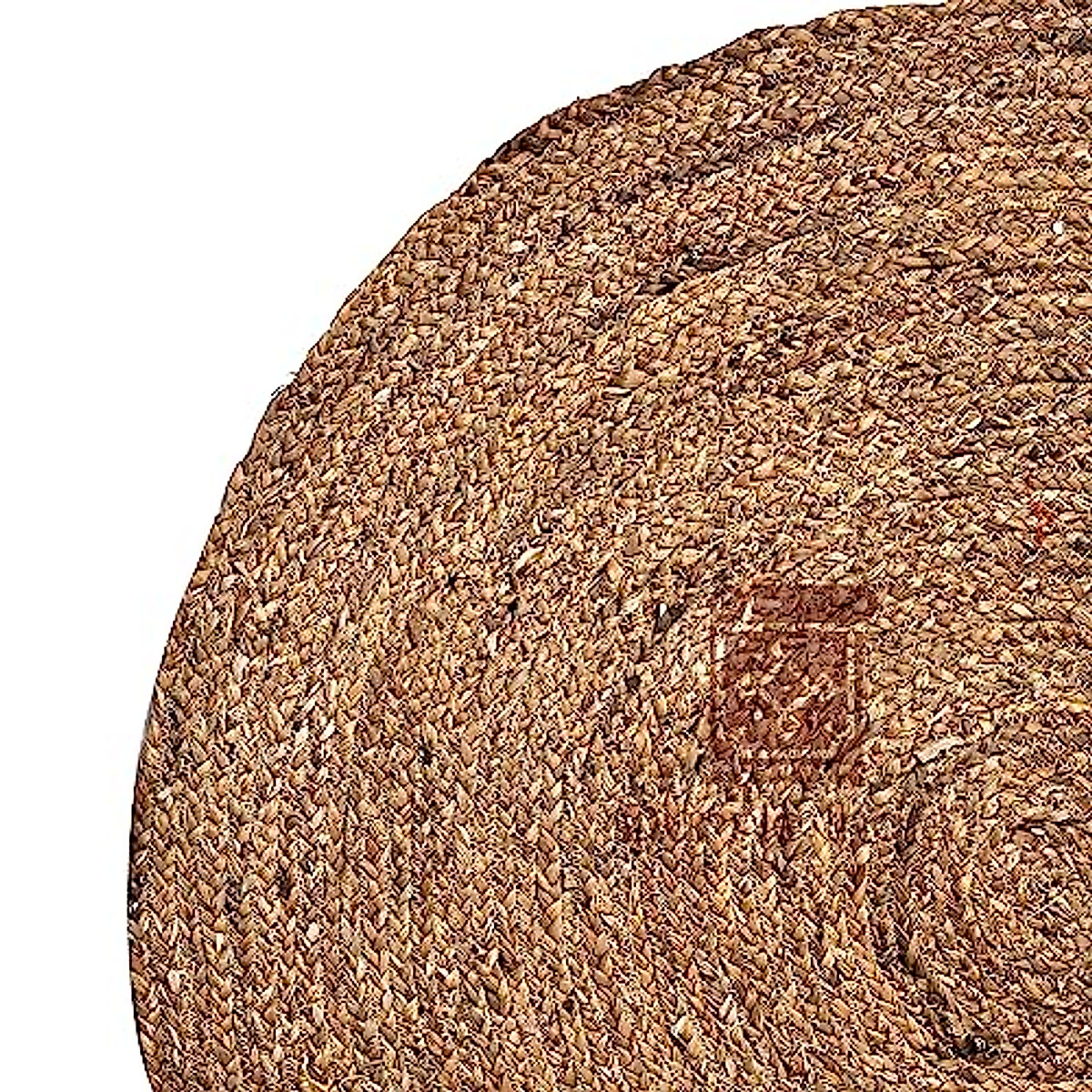 Durrie India 4 Ft. Natural Oak Brown Water Hyacinth Area Rug Round Braided Rustic Rug - Vintage Woven Rug - Water Hyacinth Rugs for Bedroom, Kitchen, Living Room, Farmhouse (4 Ft Round)