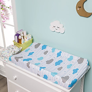 EVERYDAY KIDS 2 Pack Baby Changing Pad Covers for Baby Boy – Fits Most Changing Table Pads; 100% Cotton Jersey Knit, Breathable, Soft Changing Table Topper - Blue, White Stars + Blue, Gray Clouds