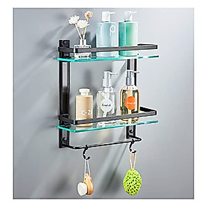 AIJALY Bathroom Glass Shelf,Aluminum Tempered Glass 0.34in Extra Thick Rectangular 2 Tier Storage Organizer Wall Mount,Black 15.7in