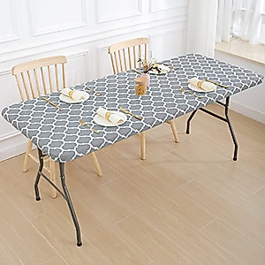 smiry Rectangle Tablecloth, Waterproof Elastic Fitted Table Covers for 6 Foot Tables, Wipeable Flannel Backed Vinyl Tablecloths for Picnic, Camping, Indoor, Outdoor (Grey Morocco, 30x72 Inches)