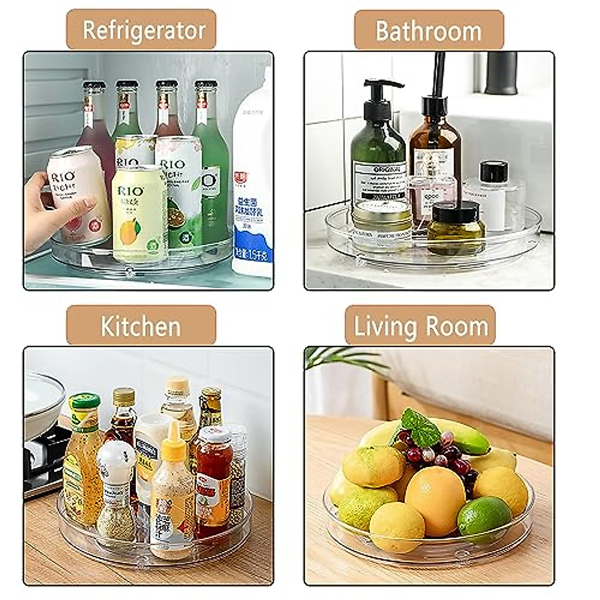 ROWNYEON 360 Rotating Makeup Organizer 2 Pack Lazy Susan Bathroom Organizer Skincare Organizers Turntable Plastic Spinner for Pantry/Bathroom,Kitchen, Fridge, Cupboards (1 Small+1 Large-2 Pack)