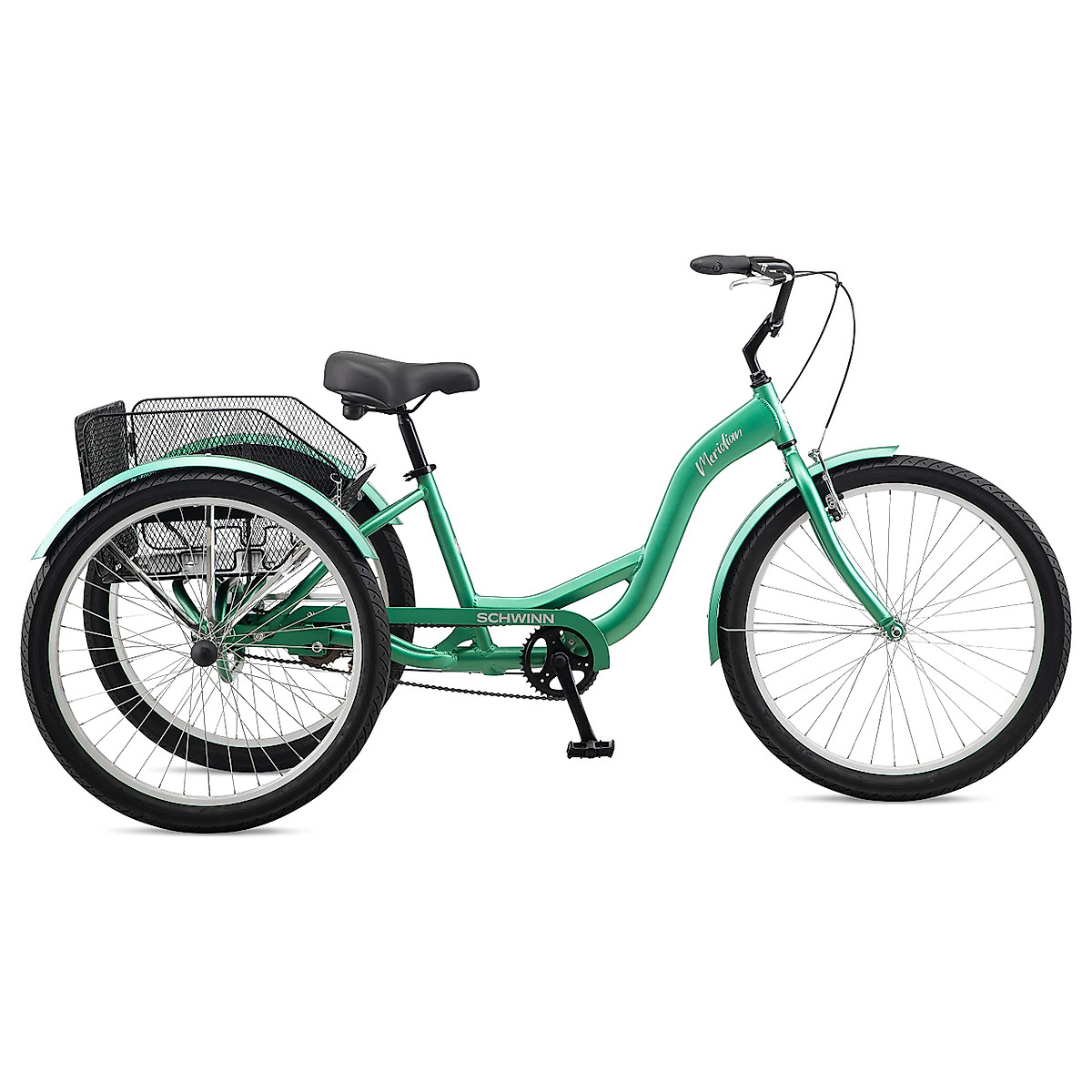 Schwinn Meridian Adult Tricycle Bike, Mens and Womens Three Wheel Beach Cruiser, 26-Inch Wheels, Low Step-Through Frame, Wide Seat, Rear Folding Basket, Single-Speed, Green