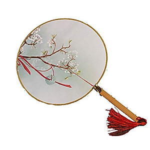 Decorative Folding Fans Handheld Fans Chinese Style Classical Embroidery Silk Round Palace Fan Female Long Handle Ancient Dance Fan for Wall Decoration Elegant Hand Fans Vintage Style (Color : Khaki