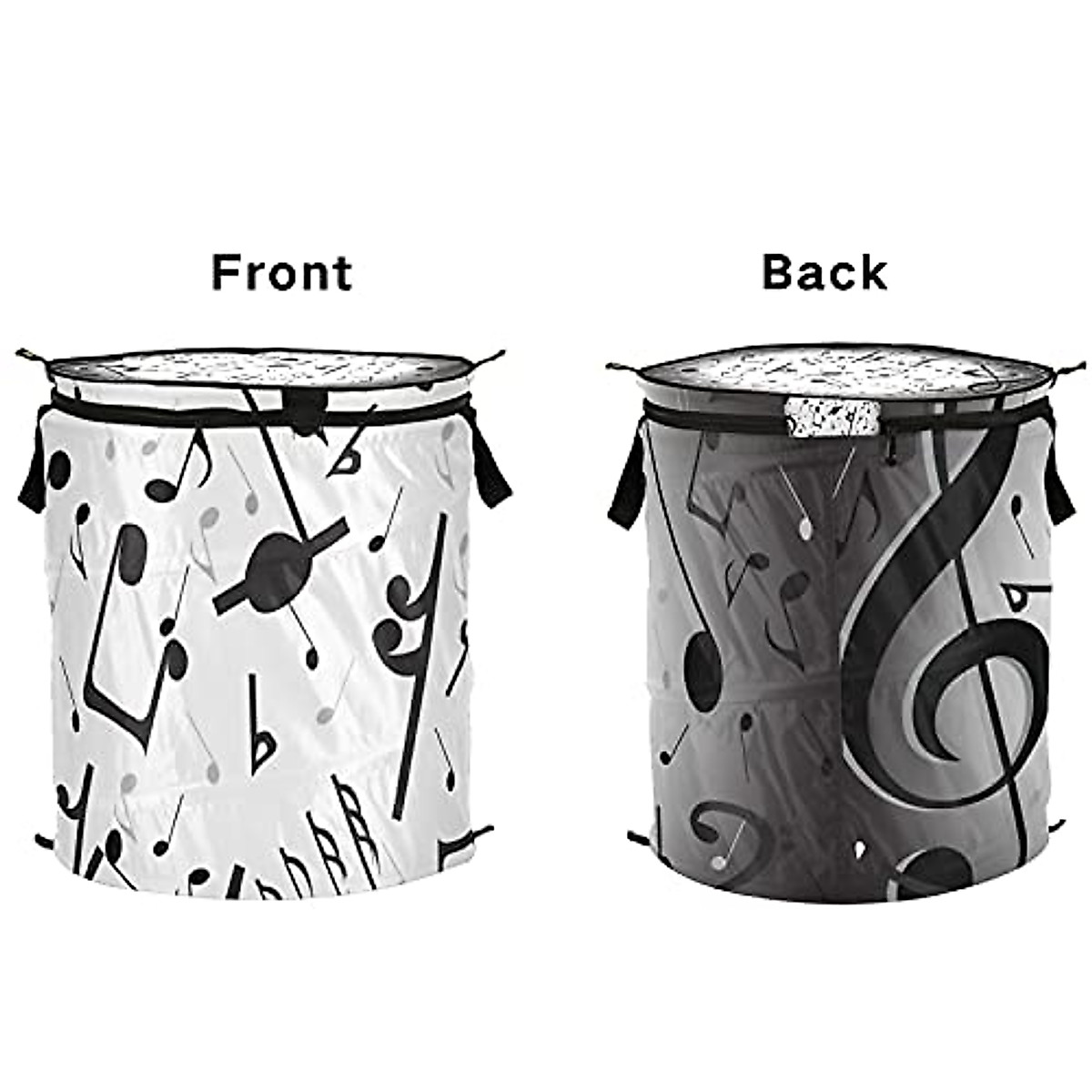Black Music Notes Pop Up Laundry Hamper With Zipper Lid Foldable Laundry Basket With Handles Collapsible Storage Basket Clothes Organizer for Travel Kids Room