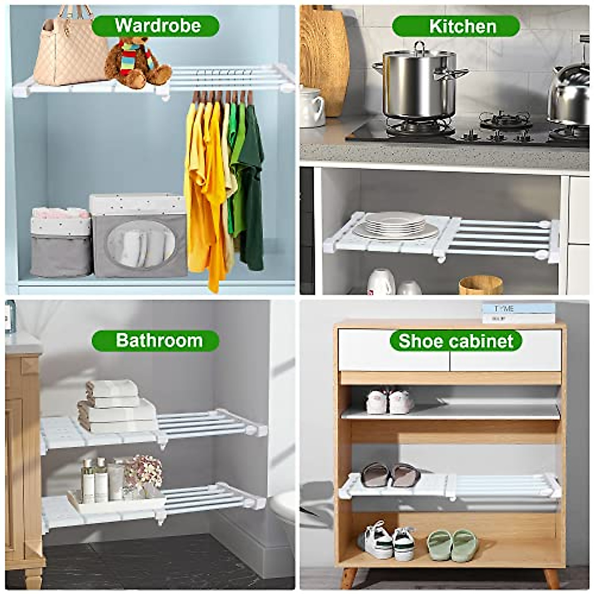 Expandable Closet Tension Shelf - Adjustable Shelves for Closet Organization Easy Installation Divider Separator Metal Tension Rod Shelf for Cabinet Kitchen Bathroom