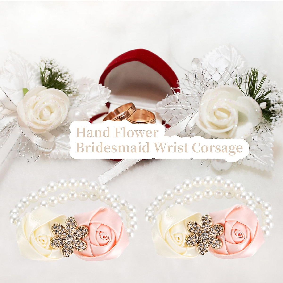 AUNMAS 2pcs Wedding Wrist Corsage, Girl Bridesmaid Groomsmen Hand Flower Faux Pearl Bead Corsage, Flower Bracelet Wedding Prom Party Decorations (White+)