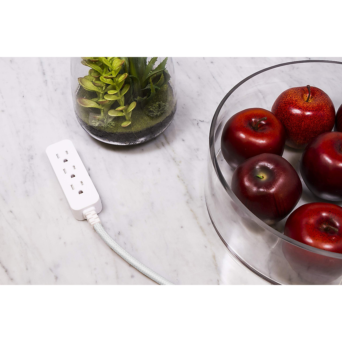 GE Power Strip Surge Protector, 6 Outlets, Flat Plug, 2ft Power Cord, Wall Mount, White, 40532 & Designer 1 Ft. Power Strip, 3 Grounded Outlets, Flat Plug, Mini Cord, Premium, White, 45190