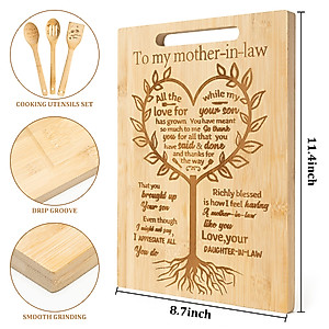 Luiqs Vens 4Pcs Mom Cutting Board with Utensils Gift, Mother’s Day Cutting Board To My Mother in Law Tree Heart Engraved Bamboo Board Mom Gift Mother’s Day Birthday Present from Daughter Son