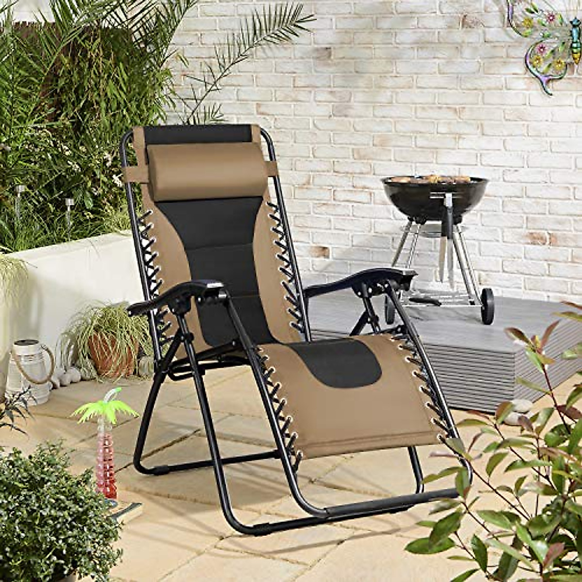 Devoko Patio Zero Gravity Chair Outdoor Oversize Padded Recliner Lounge Chair with Adjustable Headrest 300 lbs for Lawn Beach Poolside (Brown)