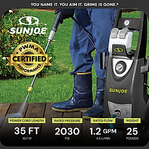 Sun Joe SPX3000 2030 Max PSI 1.76 GPM 14.5-Amp Electric High Pressure Washer, Cleans Cars/Fences/Patios