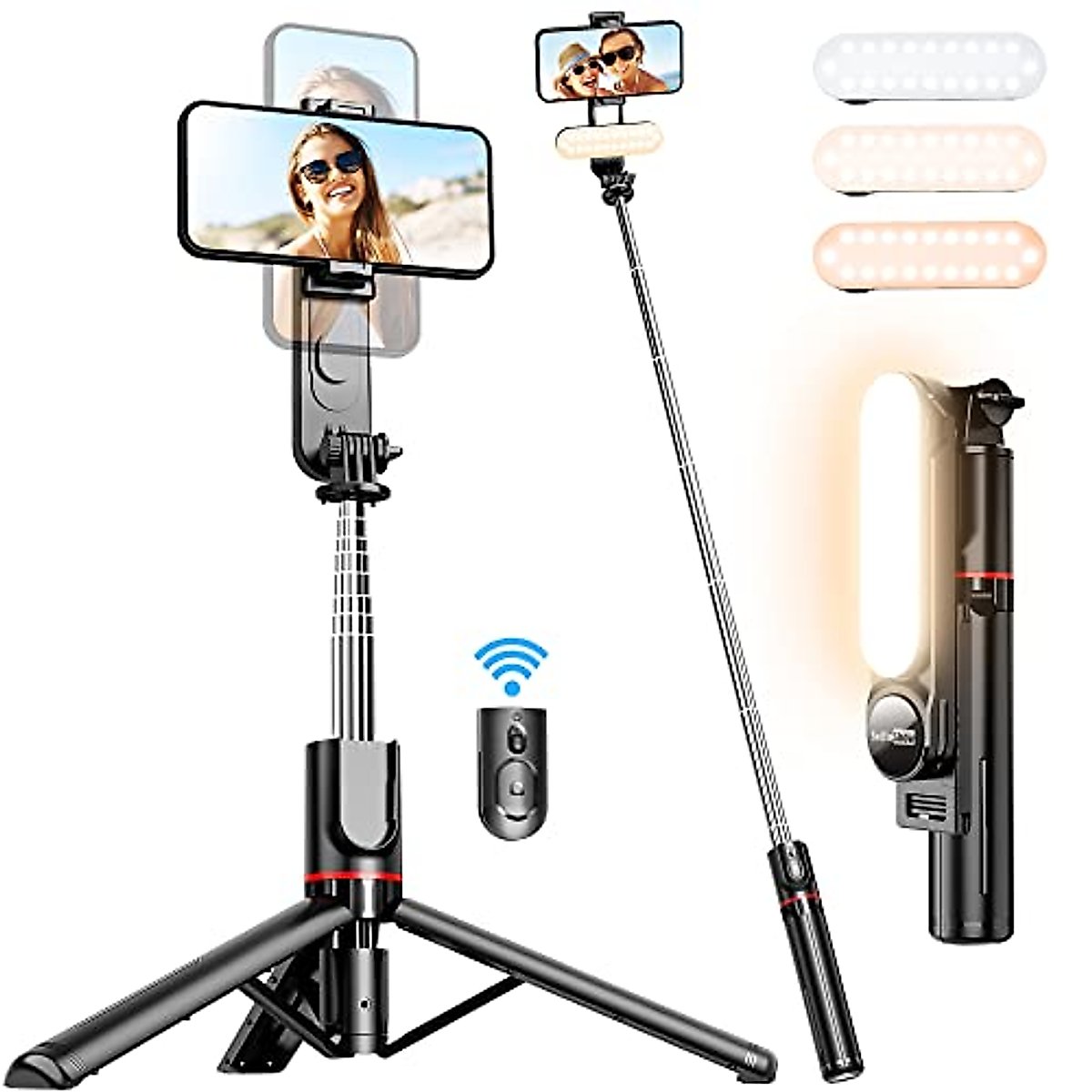 Stable Selfie Stick Tripod with Fill Light, 44 Inch Extendable Selfie Stick with Wireless Remote and Tripod Stand 360 Rotation for iPhone 13/12/11 Pro/XS Max/XS/XR/X/8/7, Samsung and Smartphone