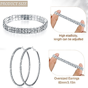 Sureio 3 Pieces Women Rhinestone Jewelry Set Rhinestone Choker Necklace Crystal Bracelet Crystal Big Hoop Earrings for Wedding Bridal Party (2 Row)
