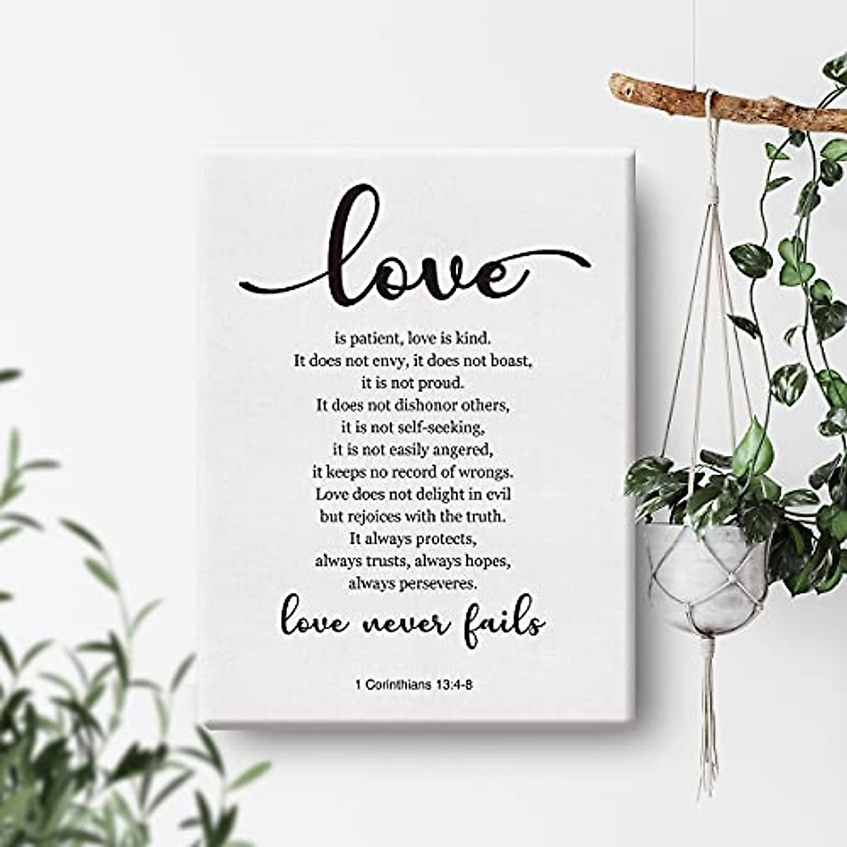 Bible Verse Art Wall Decor 1 Corinthians 13:4-8 Love Never Fails Scripture Canvas Painting Print for Home Living Room Decor Framed Artwork Christian Wedding Gifts(12x15 Inch)