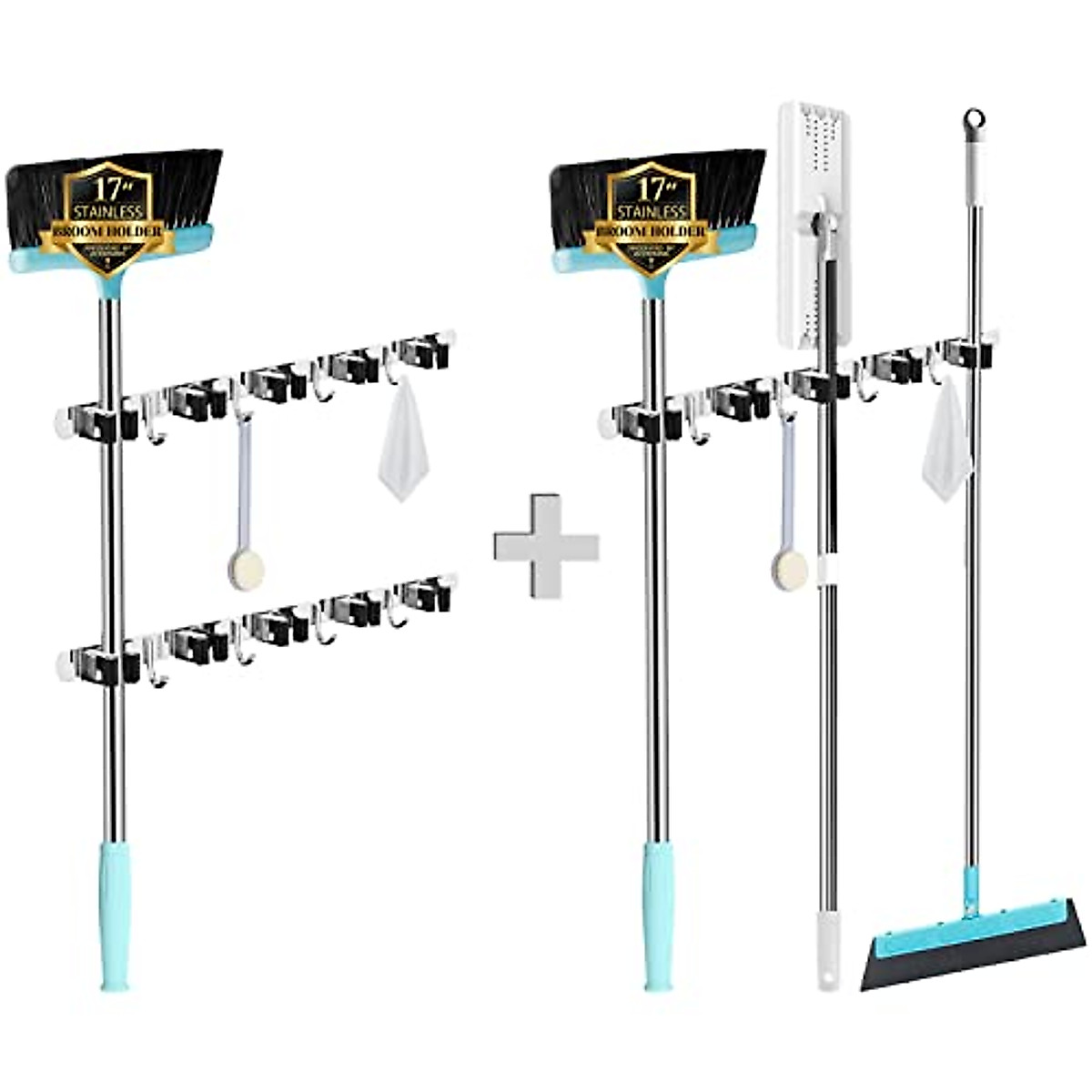 AceMining 3 Pack 5 Racks and 4 Hooks Broom and Mop Holder Wall Mounted Garage Organizer Storage Tool Racks Stainless Steel Heavy Duty Hooks Self Adhesive Solid Non-slip Wall Hangers…