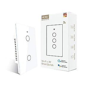 MOES 2.4GHz WiFi Wall Touch Smart Switch Neutral Wire Required, 3 Way Multi-Control, Glass Panel Light Switch Work with Smart Life/Tuya App, RF433 Remote Control, Alexa and Google Home White 2 Gang