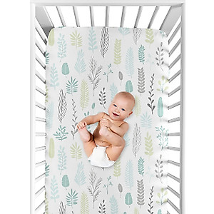 Sweet Jojo Designs Blue and Grey Tropical Leaf Unisex Boy or Girl Baby or Toddler Nursery Fitted Crib Sheet - Turquoise, Gray and Green Botanical Rainforest Jungle Sloth Collection
