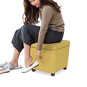 Adeco Square Storage Ottoman with Hinged Lid, Modern Accent Bench Footrest Stool, Coffee Table for Living Room Bedroom,Yellow Large