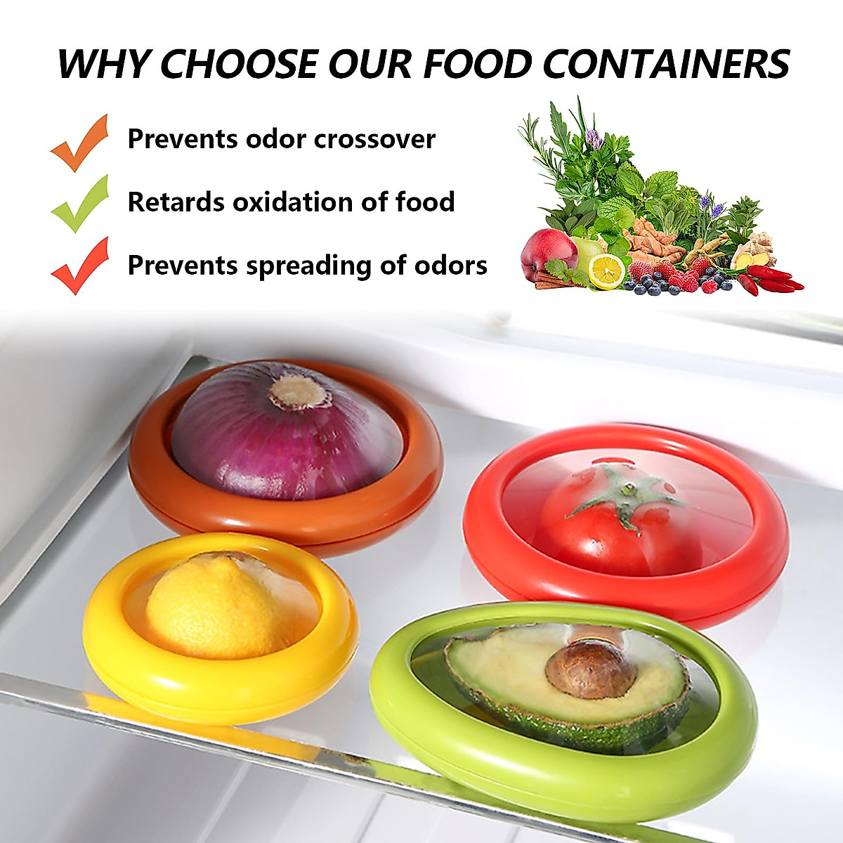 jaxiria 4Pack Fruit Vegetable Storage Holder Set - Avocado Onion Saver Box - Silicone Storage Containers for Fridge Keep Fresh