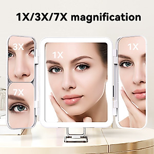 VEVETEC Rechargeable Lighted Makeup Mirror, Portable Led Vanity Mirror, Dimmable, Magnifying Glass 1X/3X/7X Magnification, Touch Control,Travel Cosmetic Mirror