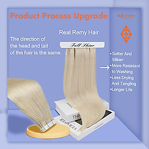 Full Shine Tape in Hair Extensions Human Hair 60 Platinum Blonde Tape Hair Extensions Real Hair 18 Inch Seamless Skin Weft Human Hair Extensions 50 Grams 20 Pieces Invisible Tape in Extensions