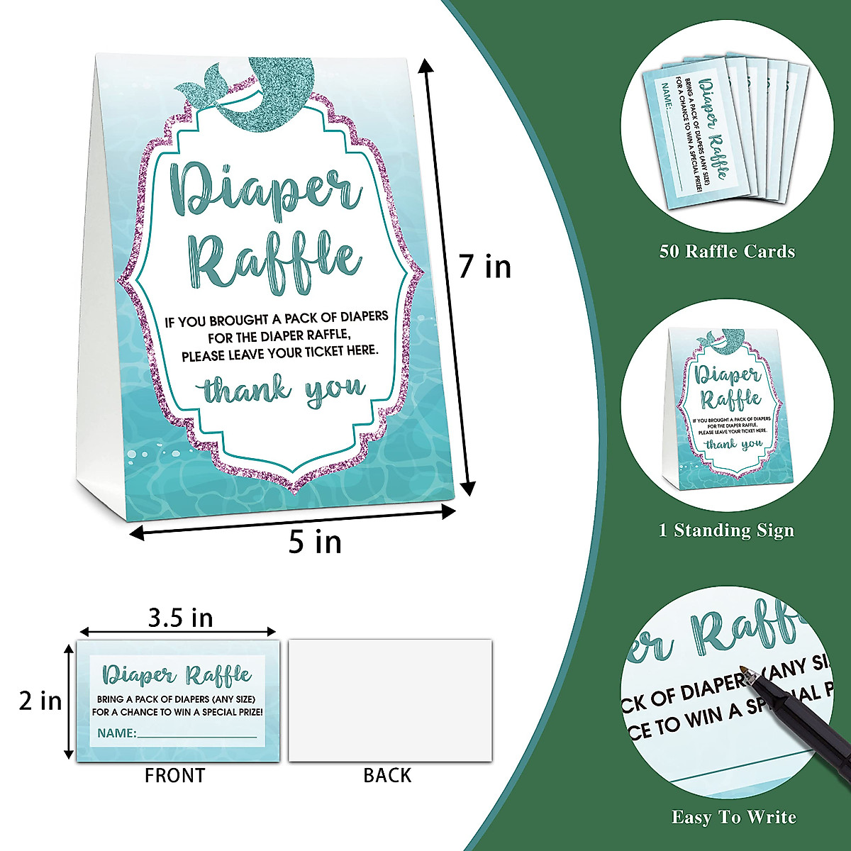Gihyan Diaper Raffle Baby Shower Game Set(1 Standing Sign + 50 Guessing Cards), Mermaid Theme Diaper Raffle Tickets for Baby Shower, Under The Sea Baby Shower Party Favor Decor - B15