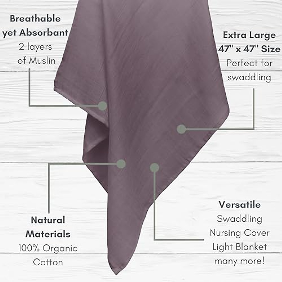 MOZAH Organic Muslin Swaddle Blankets - Set of 2 Large Soft Baby Blankets for Girls and for Boys 47 x 47 inches - Newborn Swaddle Baby Receiving Blankets Swaddling Wrap (Charcoal and Grey)