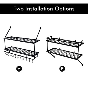 KES 30-Inch 2-Tier Kitchen Pan Pot Rack Hanging Storage Organizer with 12 Hooks and 2 Pack Magnetic Spice Rack for Refrigerator Matte Black, KUR215S75B-BK+KRR502-BK-P2
