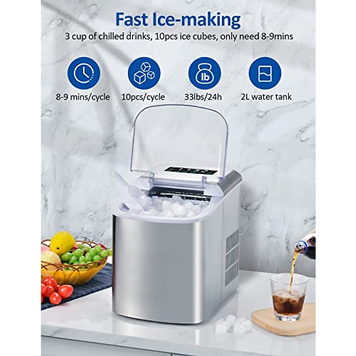 33Lbs/24H Ice Maker Countertop, 10 Ice Cube in 8 Mins, Smart Touch Control LED Panel, Time Reservation & Countdown, Self-Cleaning, 2 Sizes Ice Cube, Portable for Home Camping Party RV, Stainless Steel
